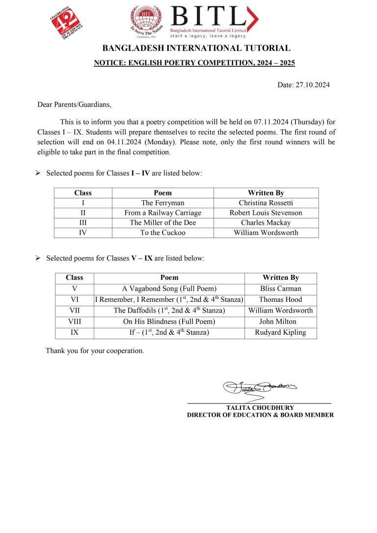B.I.T.L – Bangladesh International Tutorial Limited » NOTICE FOR ...
