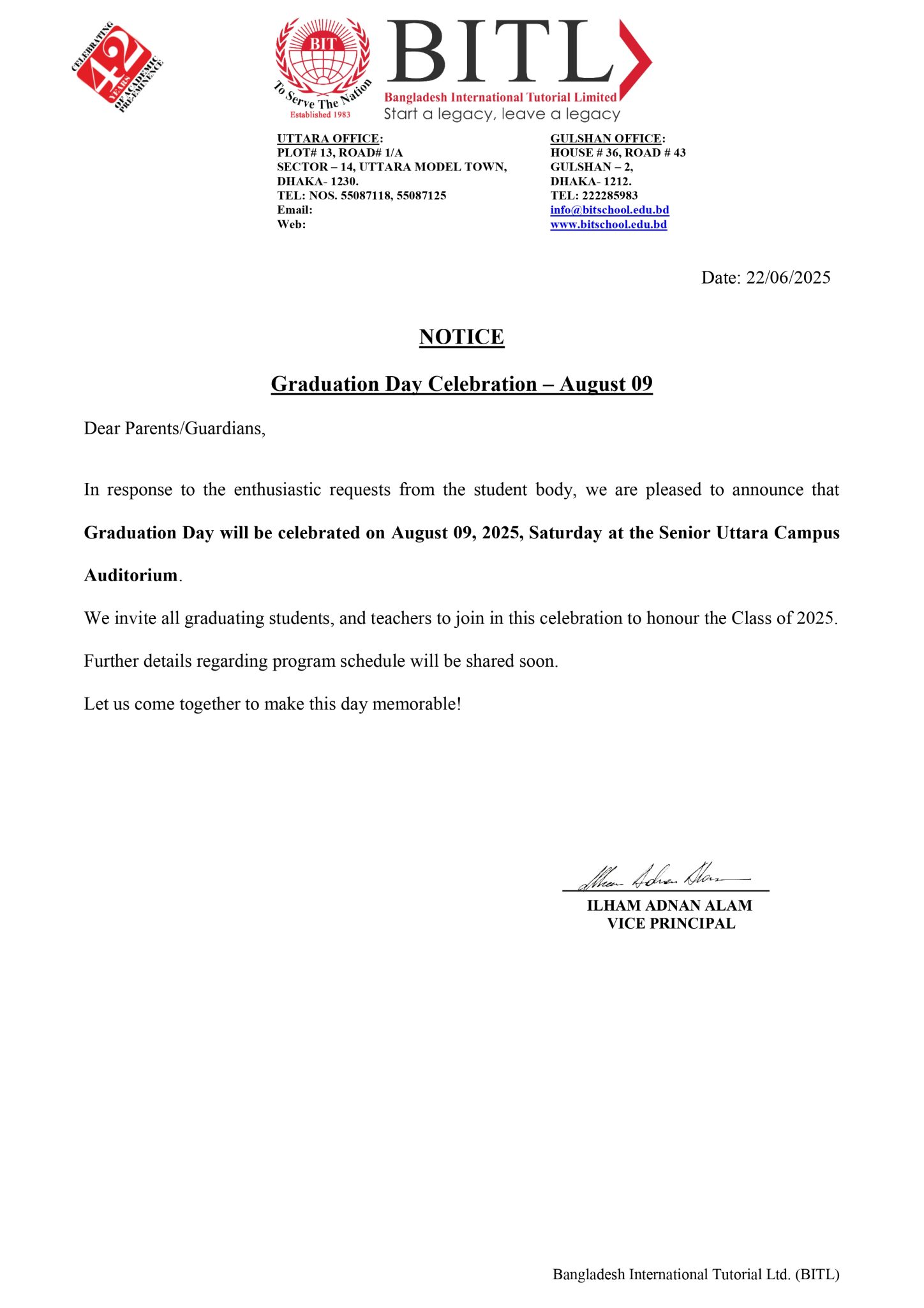 B.I.T.L – Bangladesh International Tutorial Limited » Notice-Graduation ...