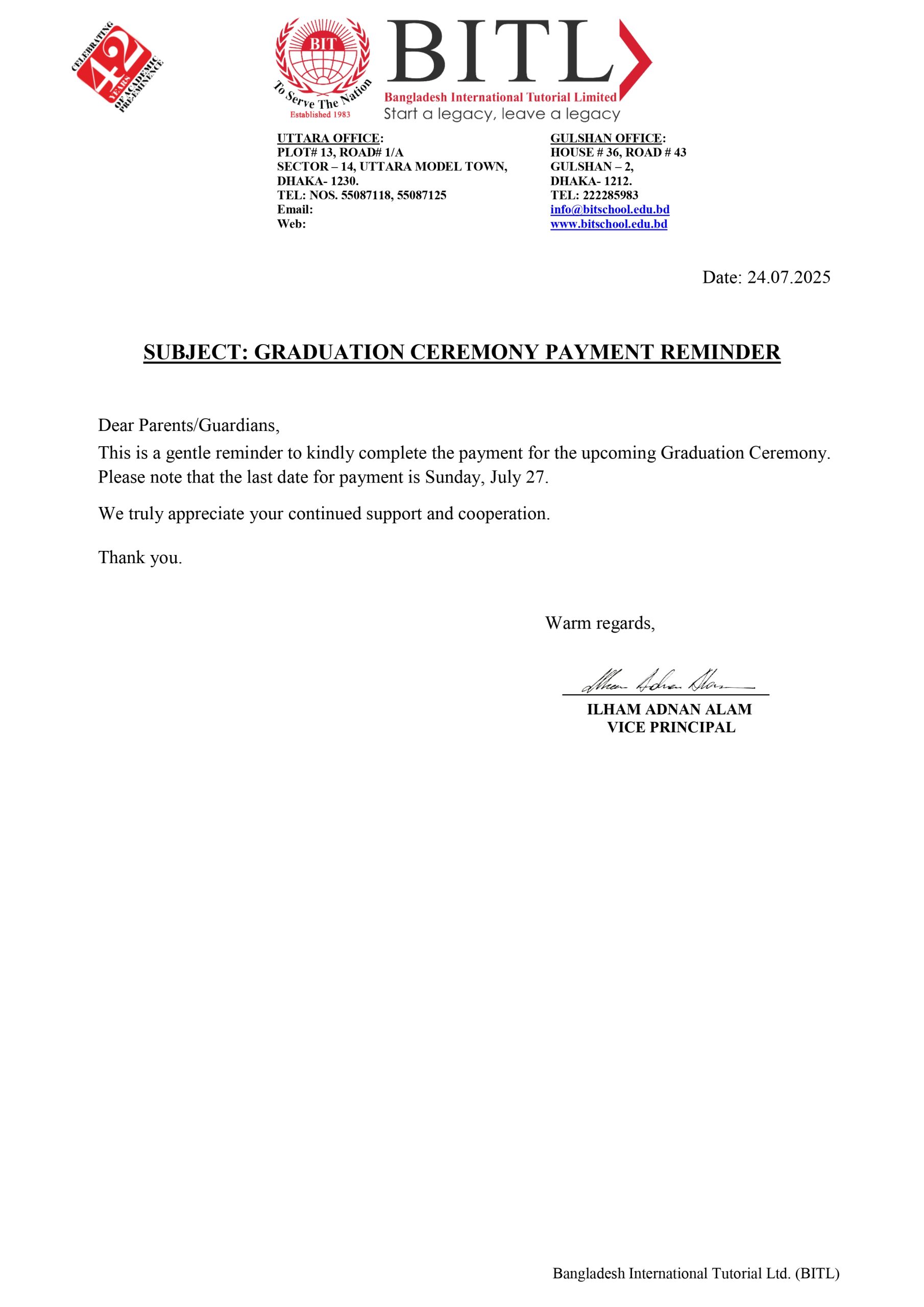 B.I.T.L – Bangladesh International Tutorial Limited » NOTICE FOR ...